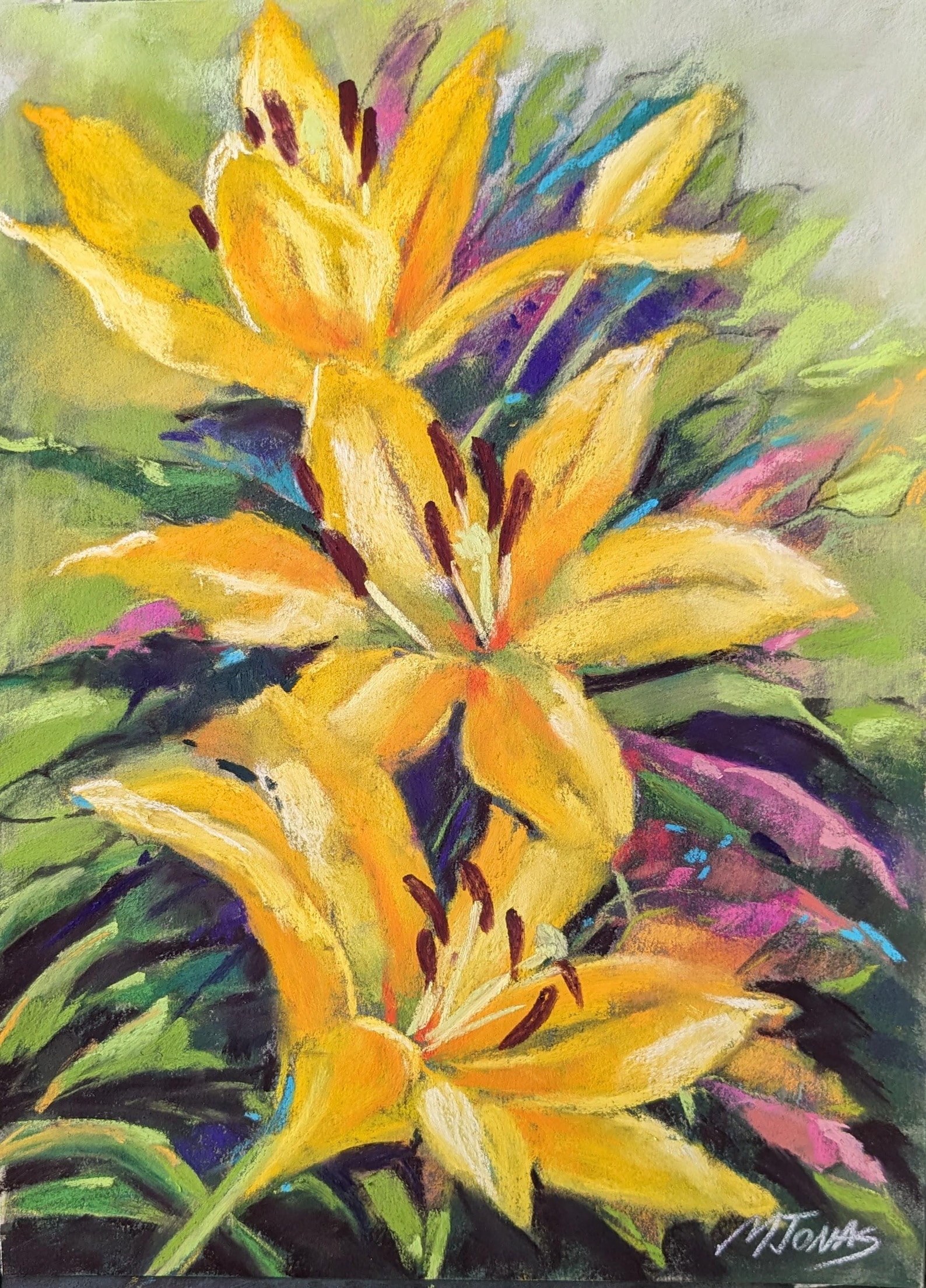Original Painting Pastel Painting Yellow Flowers Yellow Lilies - Etsy