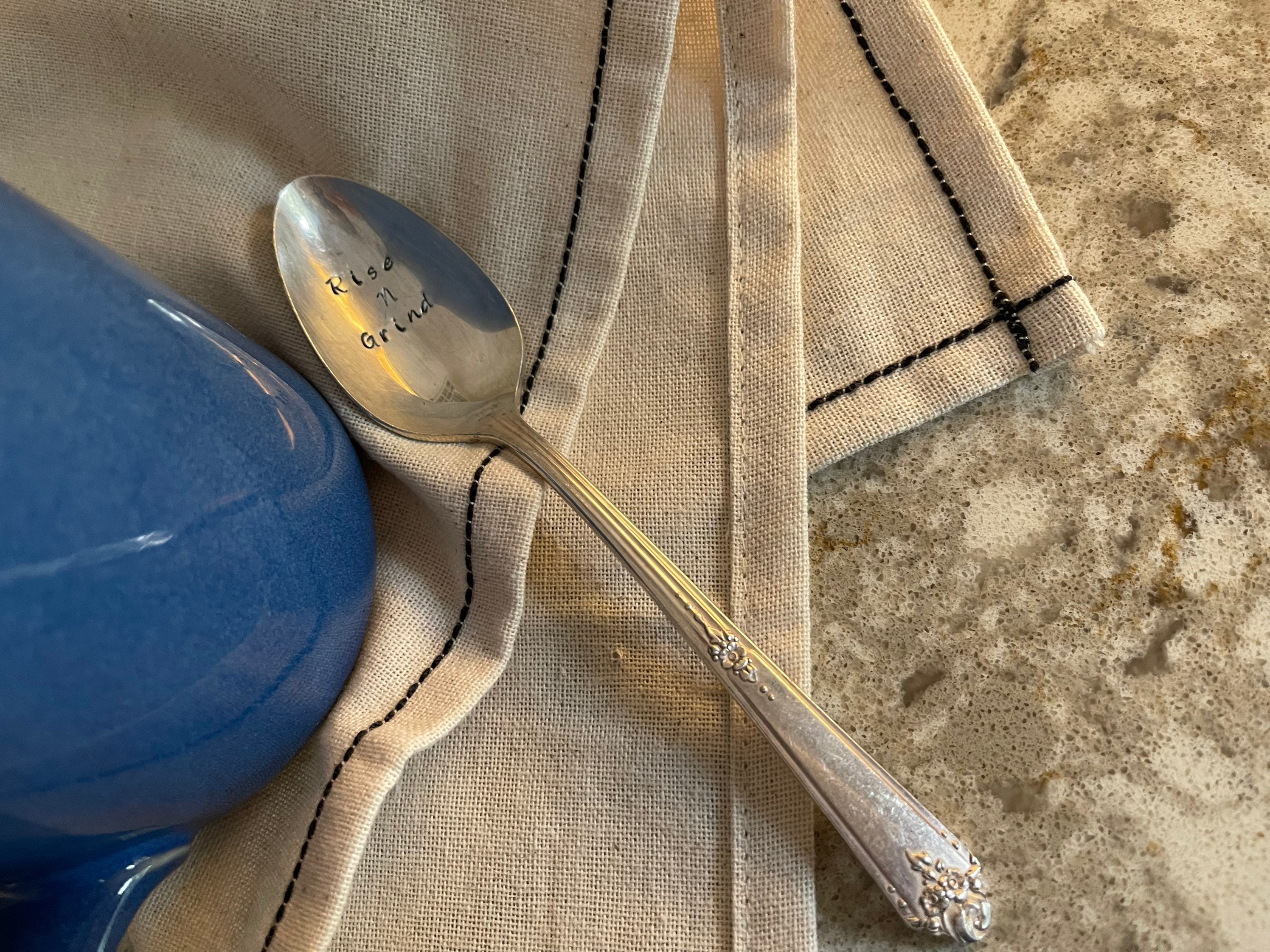 Vintage Teaspoon, Rise N Grind,hand Stamped Silver Plated Spoon - Etsy