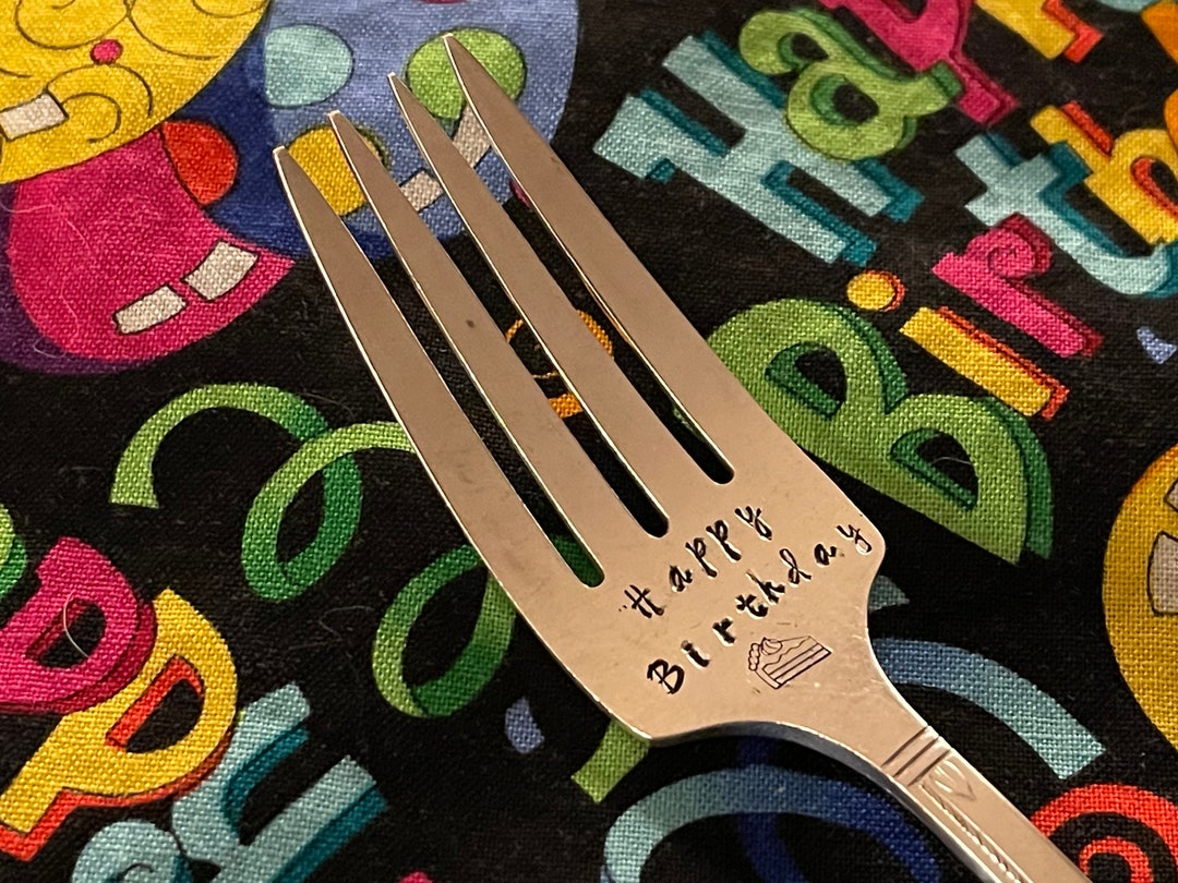 Happy Birthday-cake Dessert Fork-hand Stamped-vintage-silver Plated ...