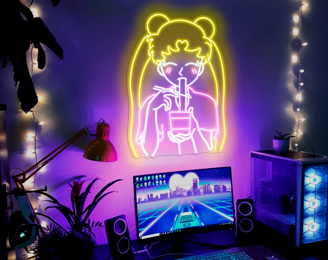 Cute Anime Bright Neon Light Moon LED Decor Home Decoration Custom Neon ...