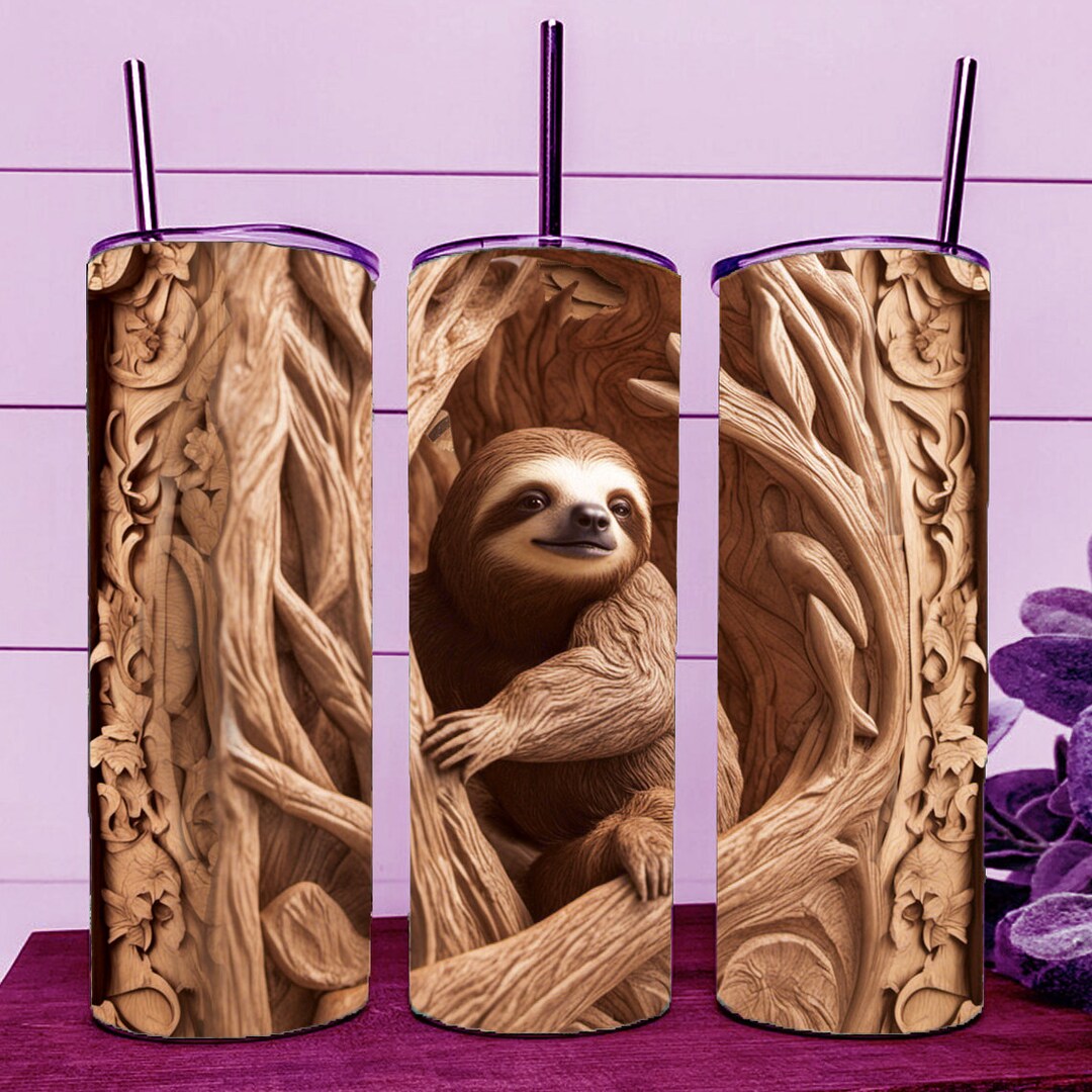 3D Carved Wood Adorable Sleepy Lazy Sloth Skinny Tumbler Wrap 20oz ...