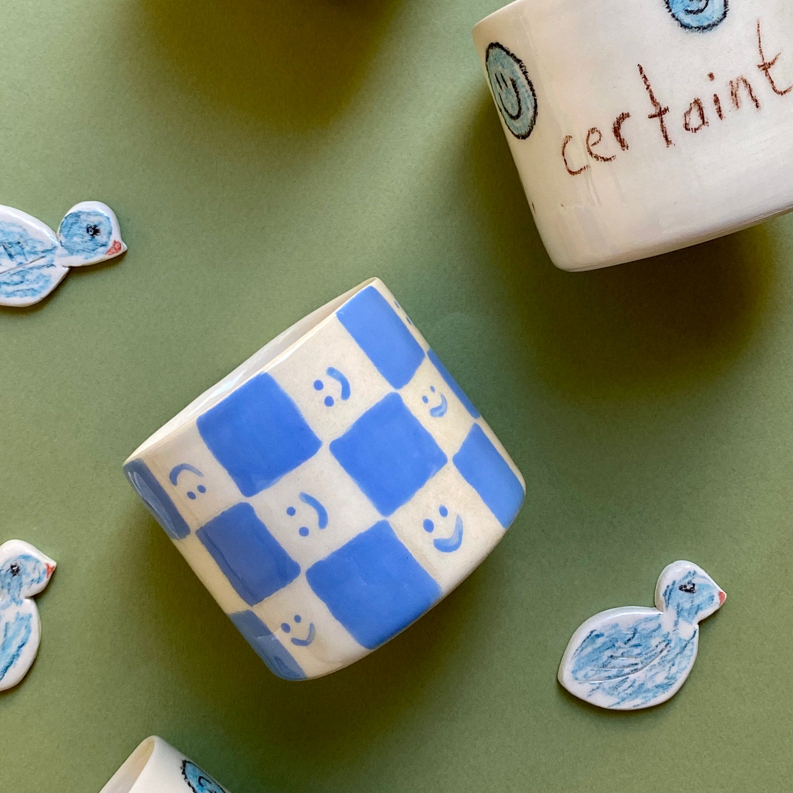 Handmade Ceramic Happy Checkered Mug/ Blue - Etsy