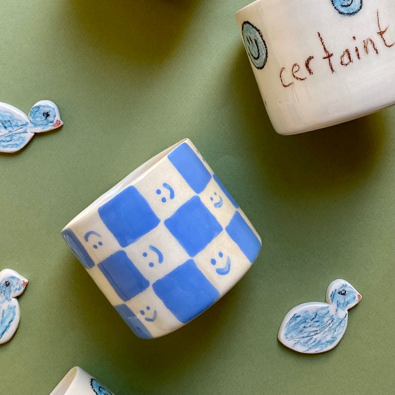 Handmade Ceramic Happy Checkered Mug/ Blue - Etsy