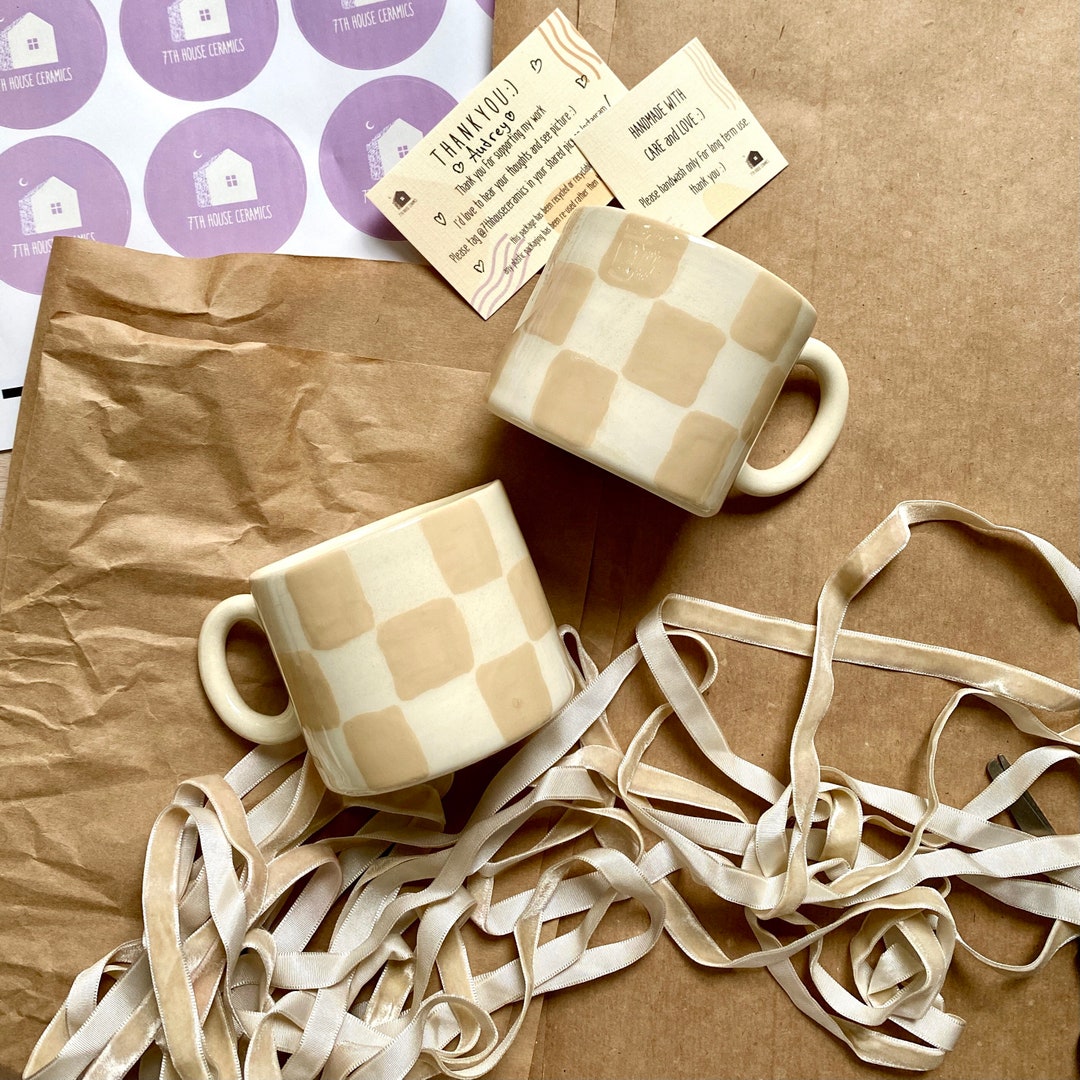 Handmade Ceramic Checkered Mug With Handle/ Beige - Etsy