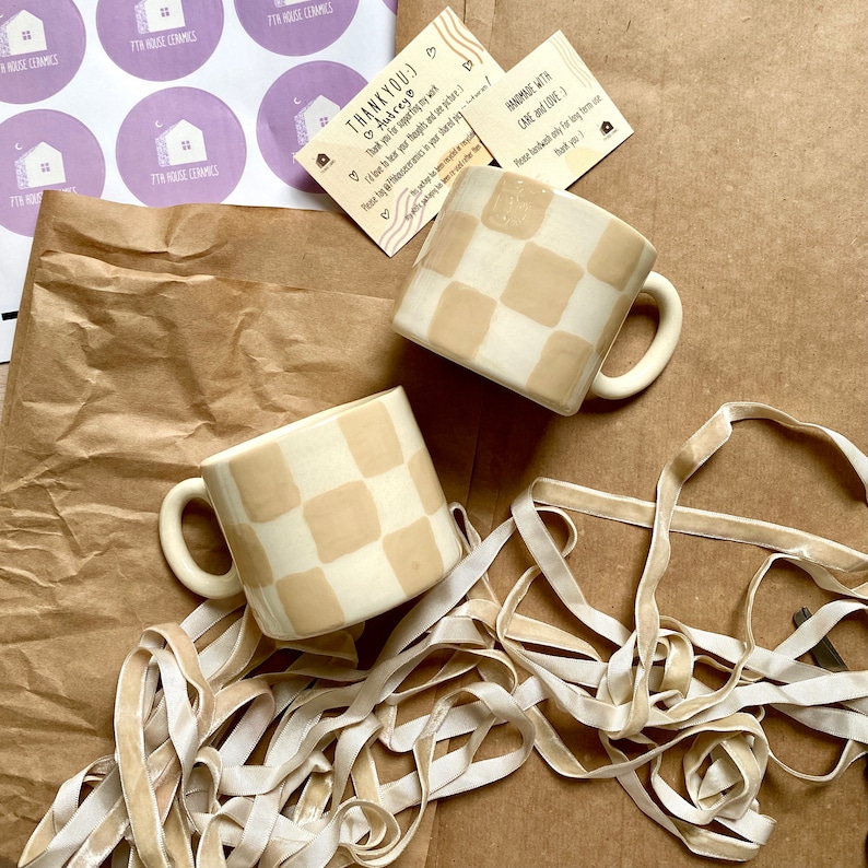 Handmade Ceramic Checkered Mug With Handle/ Beige - Etsy