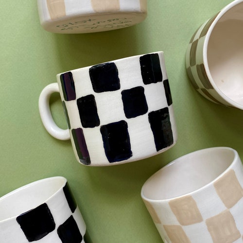Handmade Ceramic Happy Checkered Mug/ Blue - Etsy
