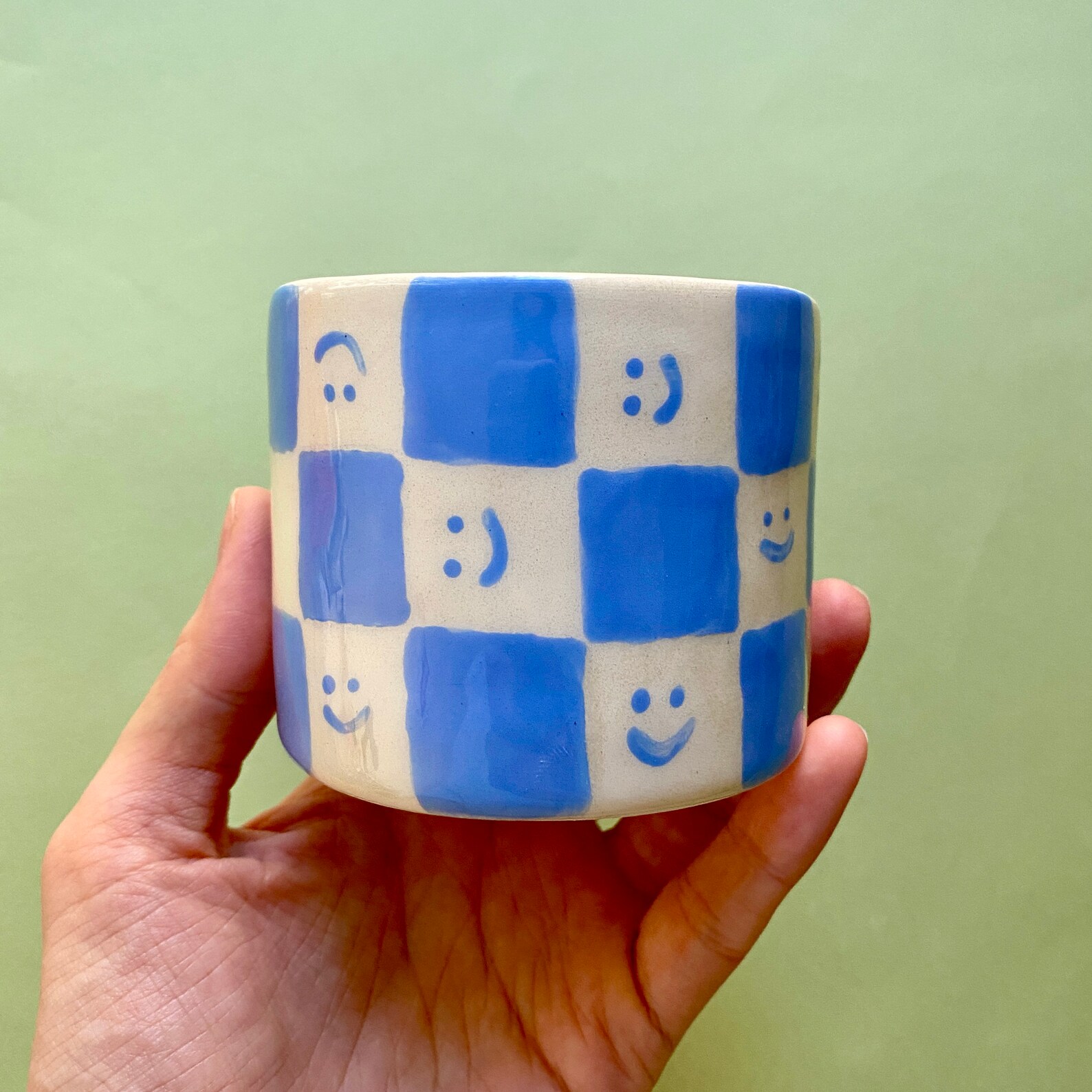 Handmade Ceramic Happy Checkered Mug/ Blue - Etsy