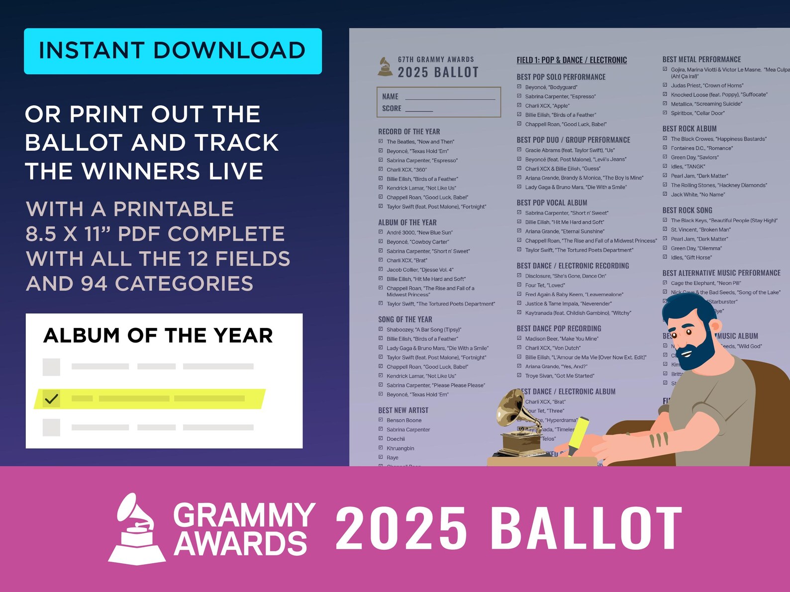 2025 67th Grammys INTERACTIVE + PRINTABLE Minimalist Ballot | Grammy ...