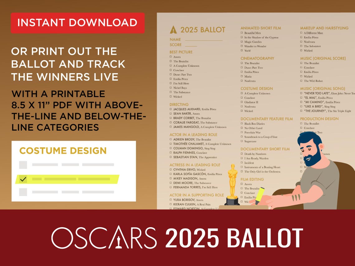 2025 Oscars INTERACTIVE + PRINTABLE Minimalist Ballot | 97th Annual ...