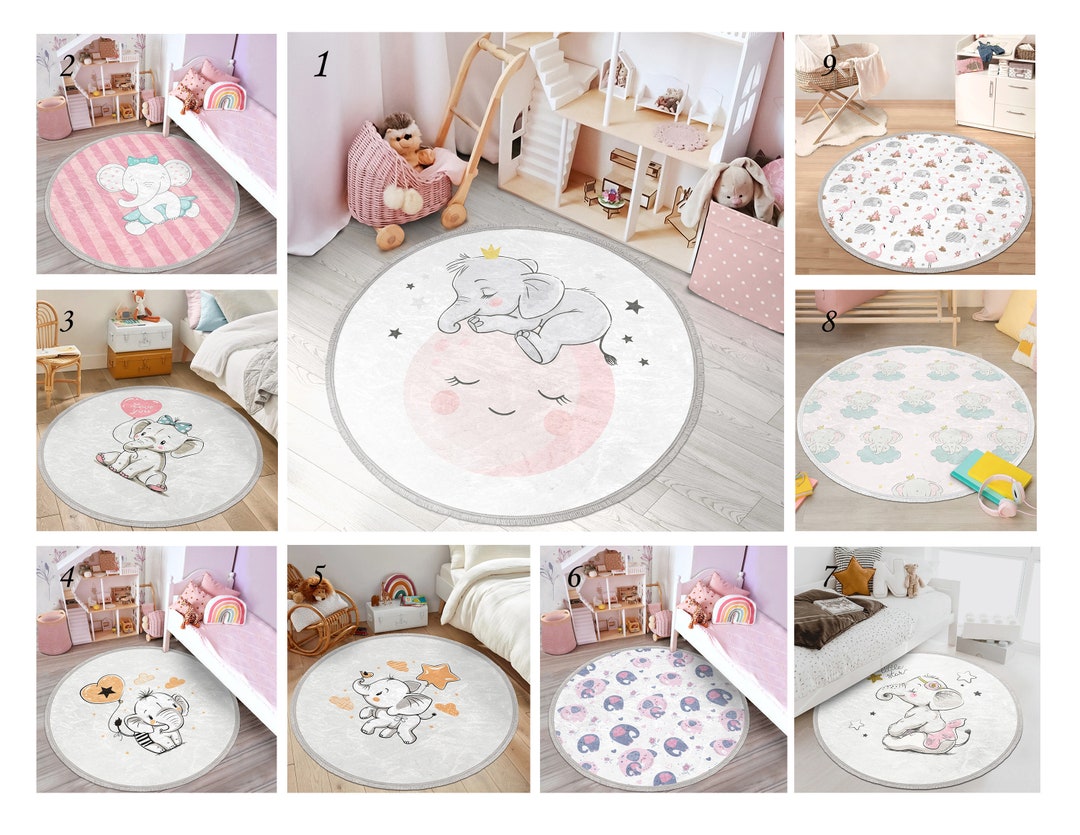 Cute Elephant Pattern Kids Rug, Kids Room Round Rug, Baby Room Decor ...