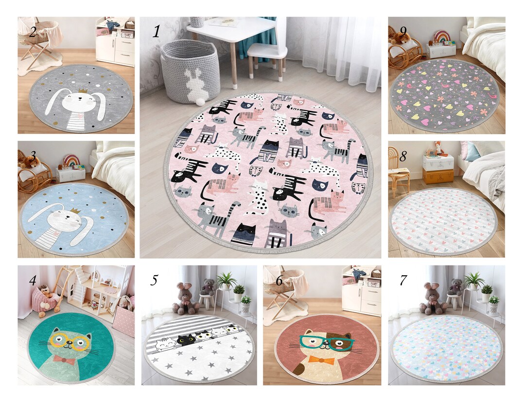 Cat Pattern Kids Big Rug, Kids Room Round Rug, Baby Room Decor, Heart ...