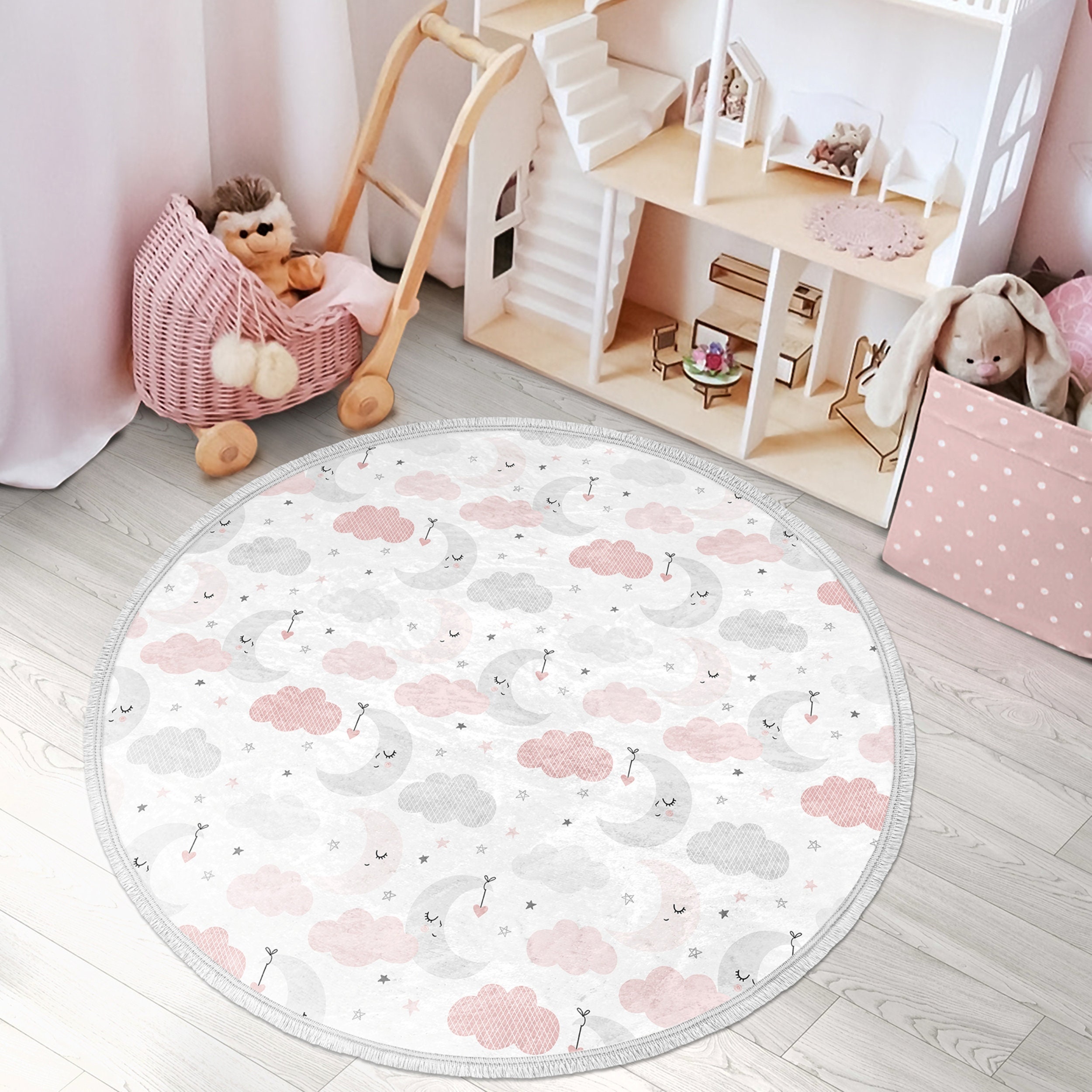 Cloud Pattern Kids Big Rug, Moon Kids Room Round Rug, Baby Room Decor ...