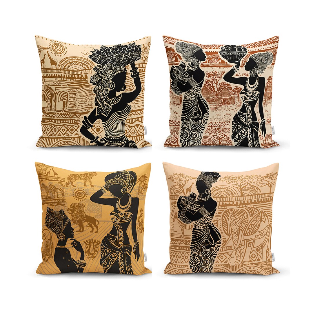 Set of 4 Damask African Woman Throw Pillow Cover | Ethnic Pillowcases ...