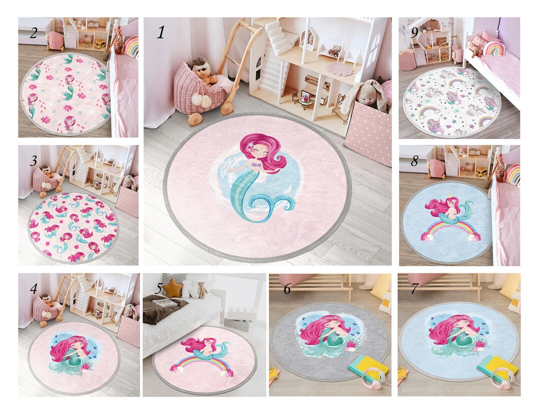 Mermaid Pattern Kids Big Rug, Kids Room Round Rug, Baby Room Decor ...