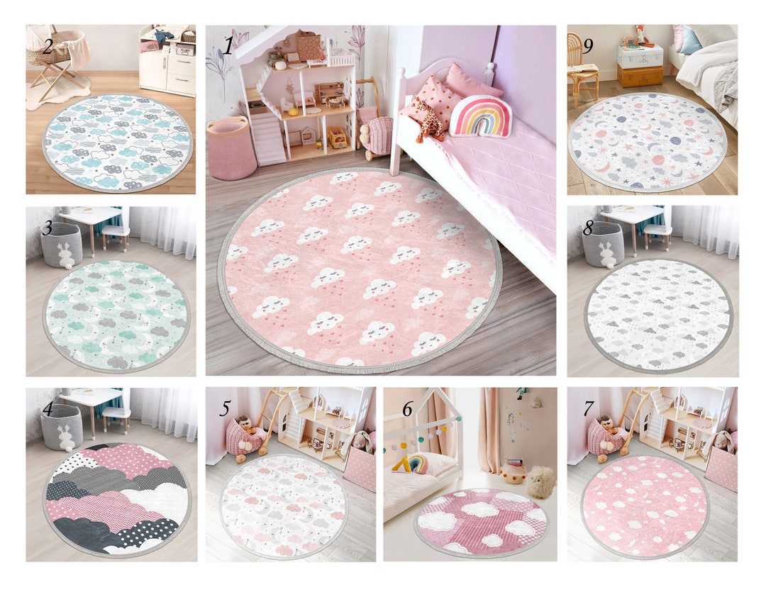 Clouds Pattern Kids Rug, Moon Kids Room Round Rug, Baby Room Decor ...