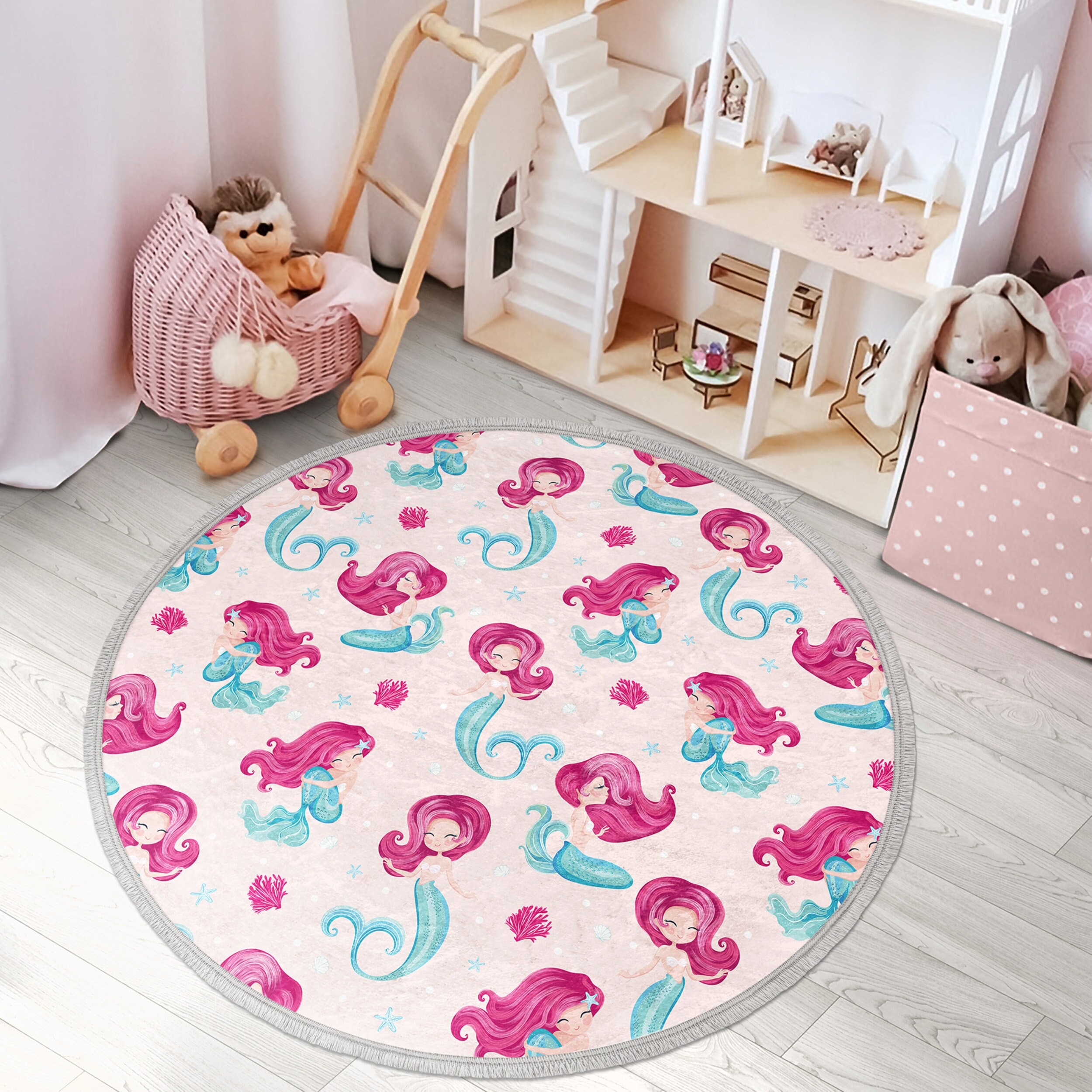 Mermaid Pattern Kids Big Rug, Kids Room Round Rug, Baby Room Decor ...