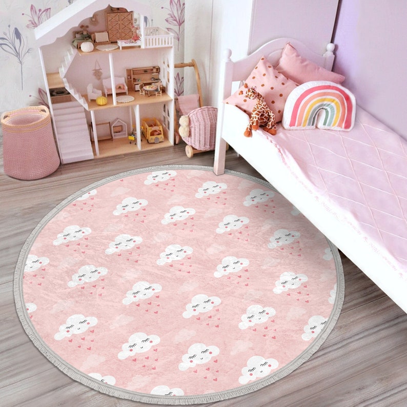Cloud Pattern Kids Big Rug, Moon Kids Room Round Rug, Baby Room Decor ...