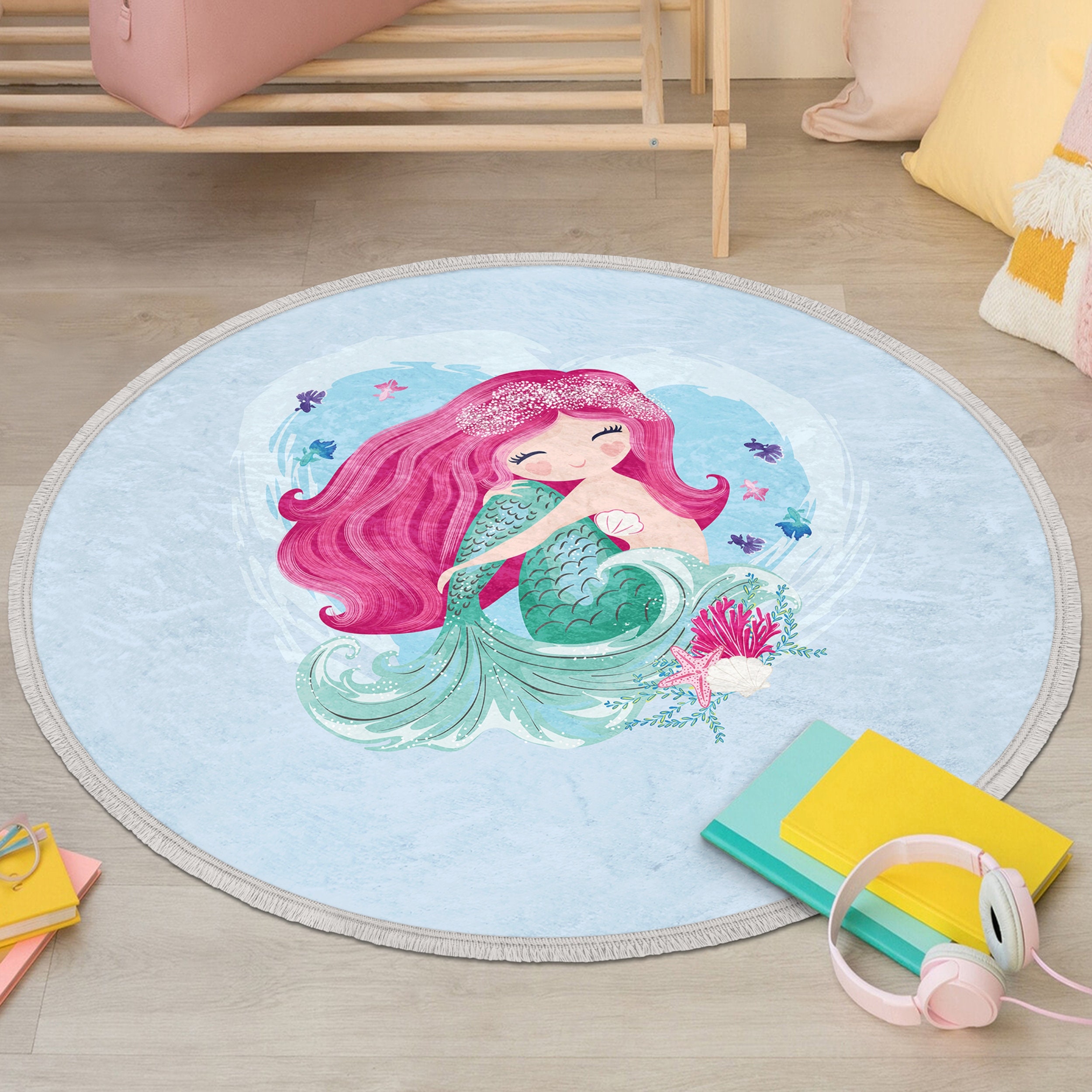 Mermaid Pattern Kids Big Rug, Kids Room Round Rug, Baby Room Decor ...