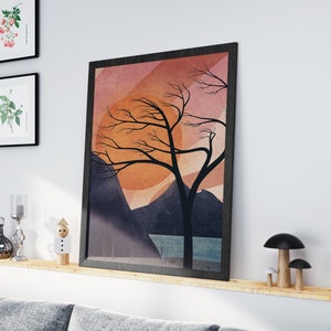 Sunset Print Tree Poster Tree Silhouette Sun and Mountain Print Sunset ...
