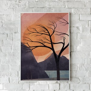 Sunset Print Tree Poster Tree Silhouette Sun and Mountain Print Sunset ...