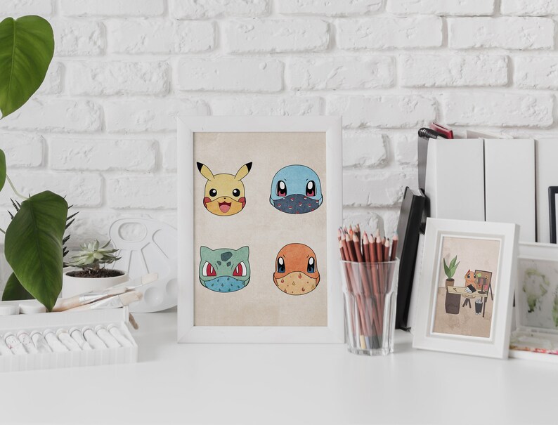 Starter Pokemon Art Print Pokemons With Masks Charmander Wall Decor ...