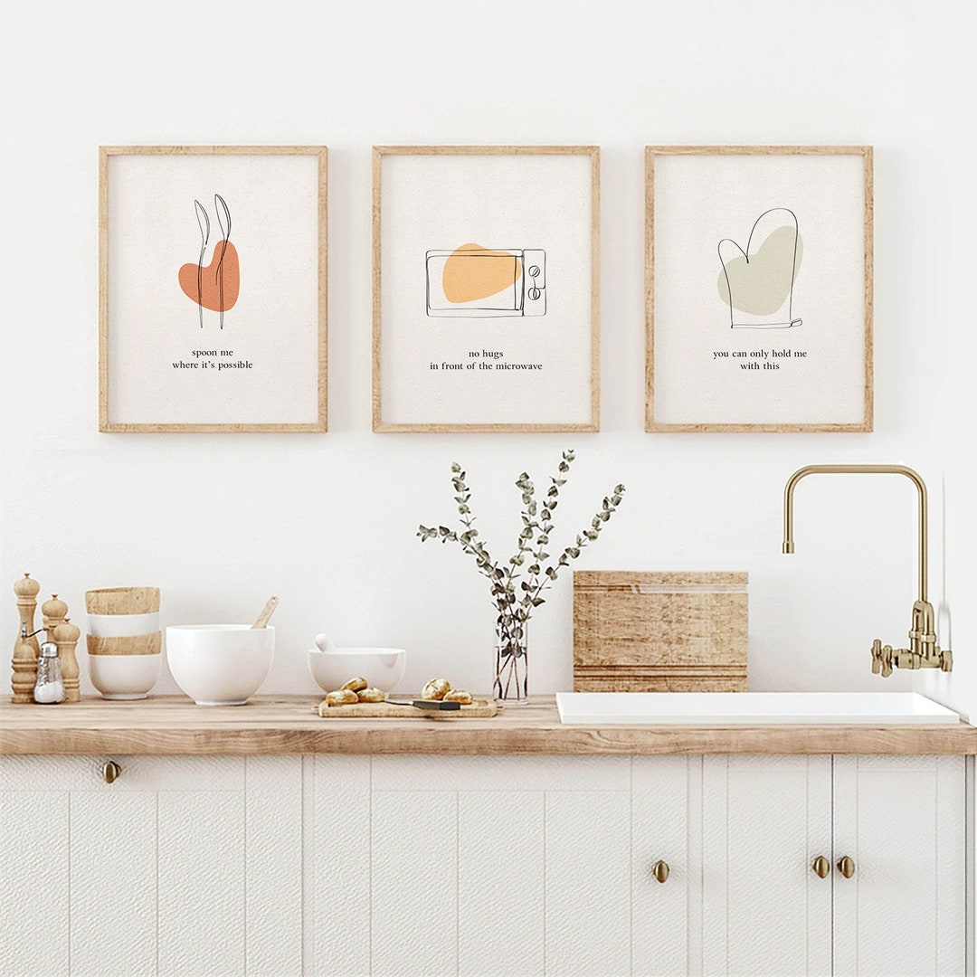 One Line Drawing Funny Kitchen Print Set of 3, Kitchen Wall Art, Dining ...