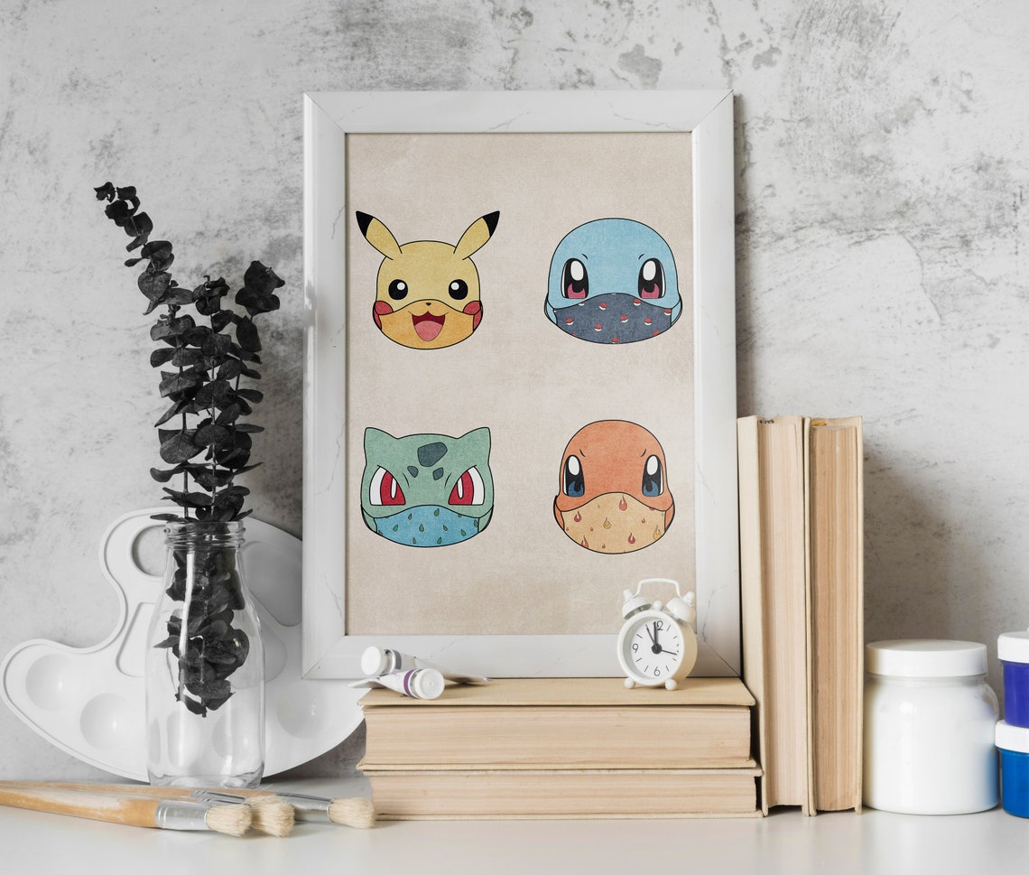 Starter Pokemon Art Print Pokemons With Masks Charmander Wall | Etsy