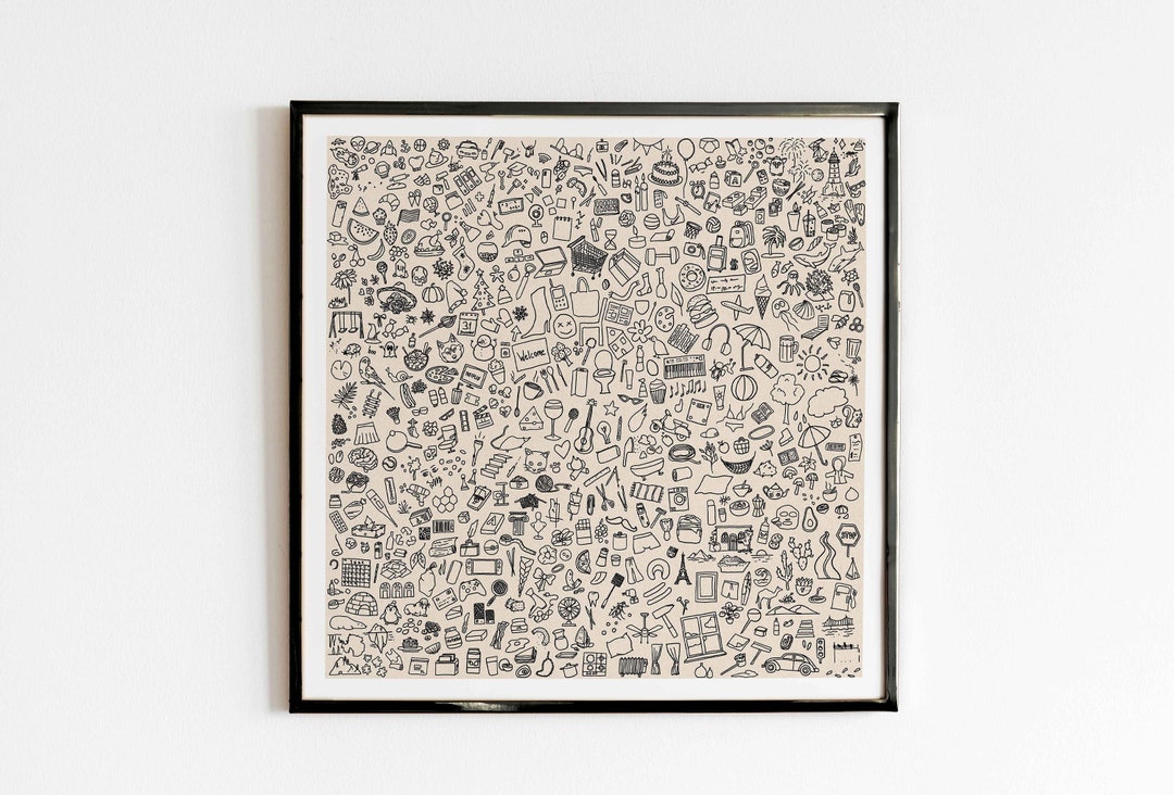 Life Doodle Black and Beige Art Print, Life's Tiny Icons Doodle, Sketch ...