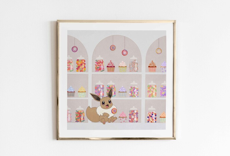 Eevee Art Print, Kids Room Decor, Pokemon Wall Decor, Eevee in Candy ...