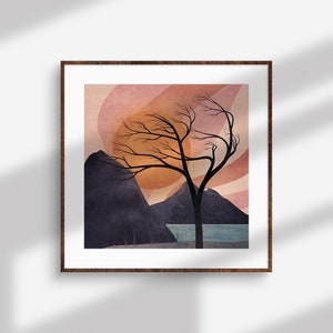 Sunset Print Tree Poster Tree Silhouette Sun and Mountain Print Sunset ...