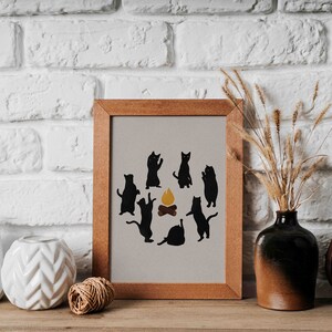 Cat Ritual Art Print, Cats Campfire Poster, Black Cat Illustration ...