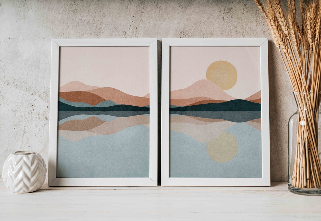 Sun and Mountain Print Set of 2, Mountain Wall Art Boho Sun Poster ...