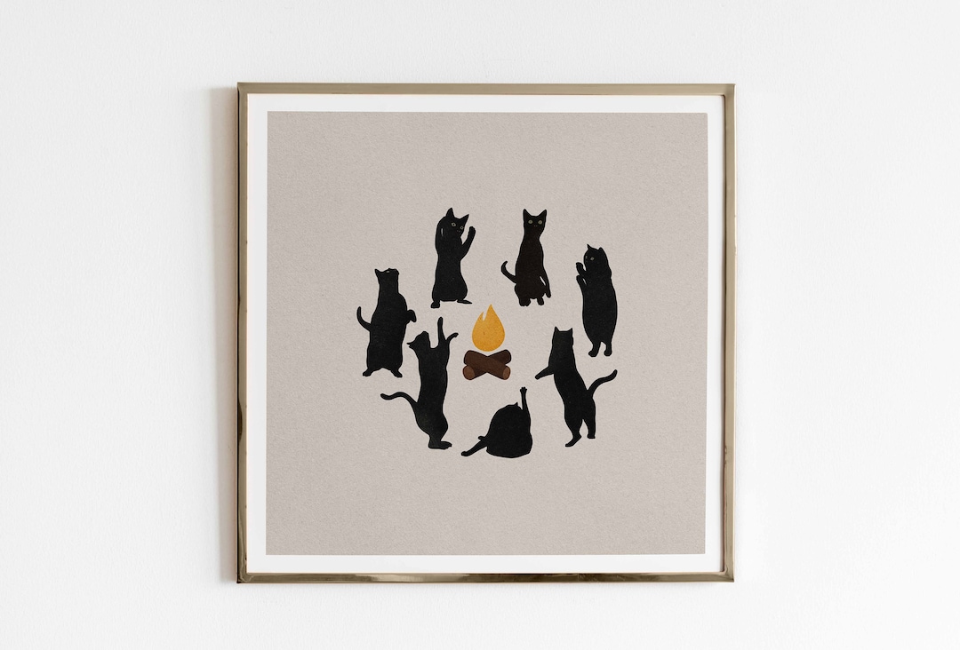Cat Ritual Art Print, Cats Campfire Poster, Black Cat Illustration ...