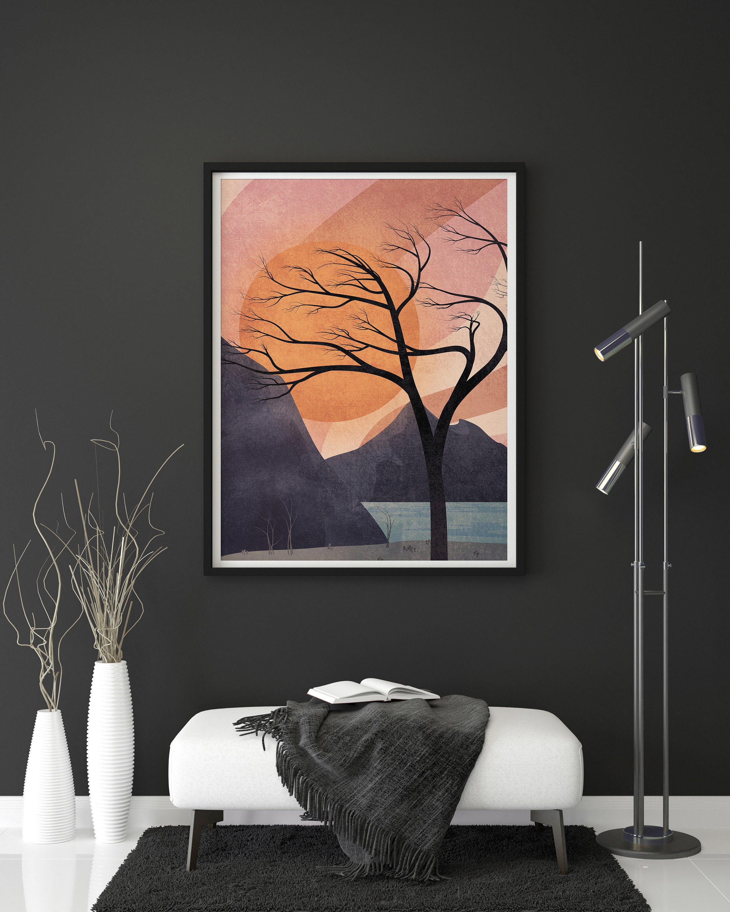 Sunset Print Tree Poster Tree Silhouette Sun and Mountain - Etsy