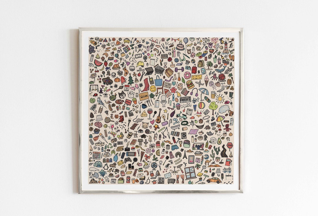 Life Doodle Art Print, Life's Tiny Icons Doodle, Sketch Art, Icon ...
