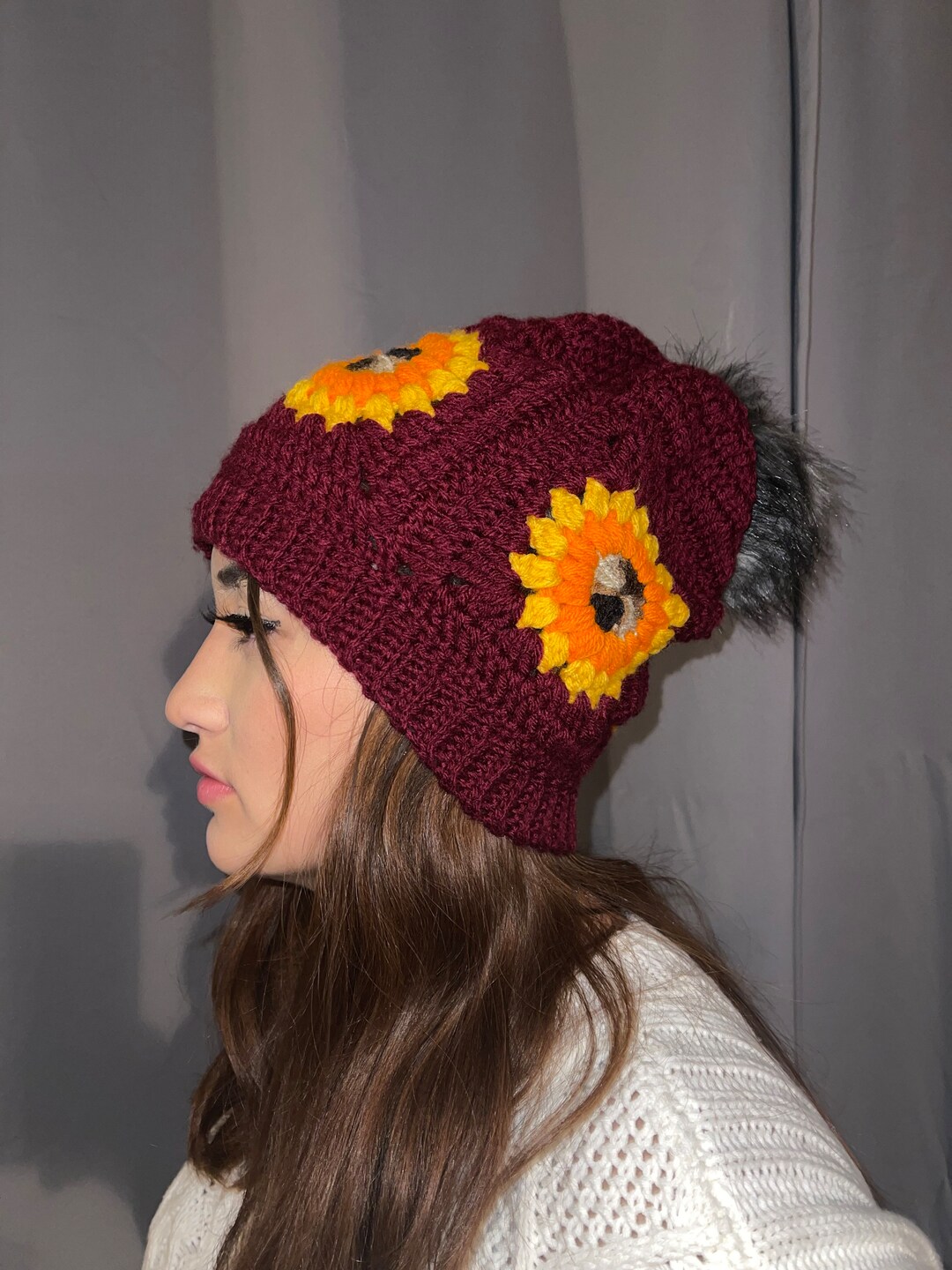 Burgundy Winter Flower Beanie - Etsy