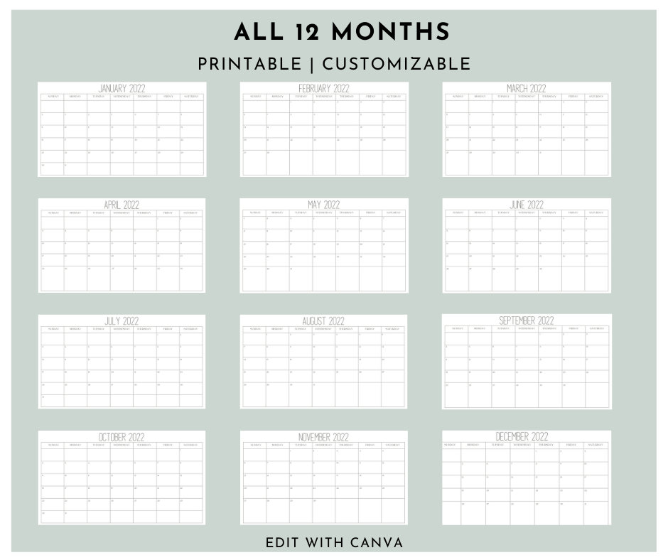 2022 Monthly Calendar | Landscape | Printable Calendar Template ...