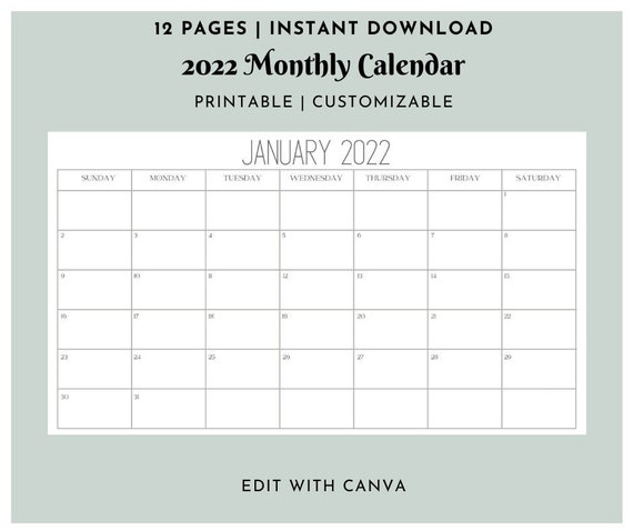 2022 Monthly Calendar Landscape Printable Calendar | Etsy