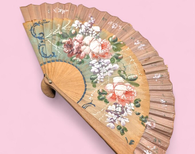 Vintage Painted Wooden and Paper Folding Hand Fan - Etsy