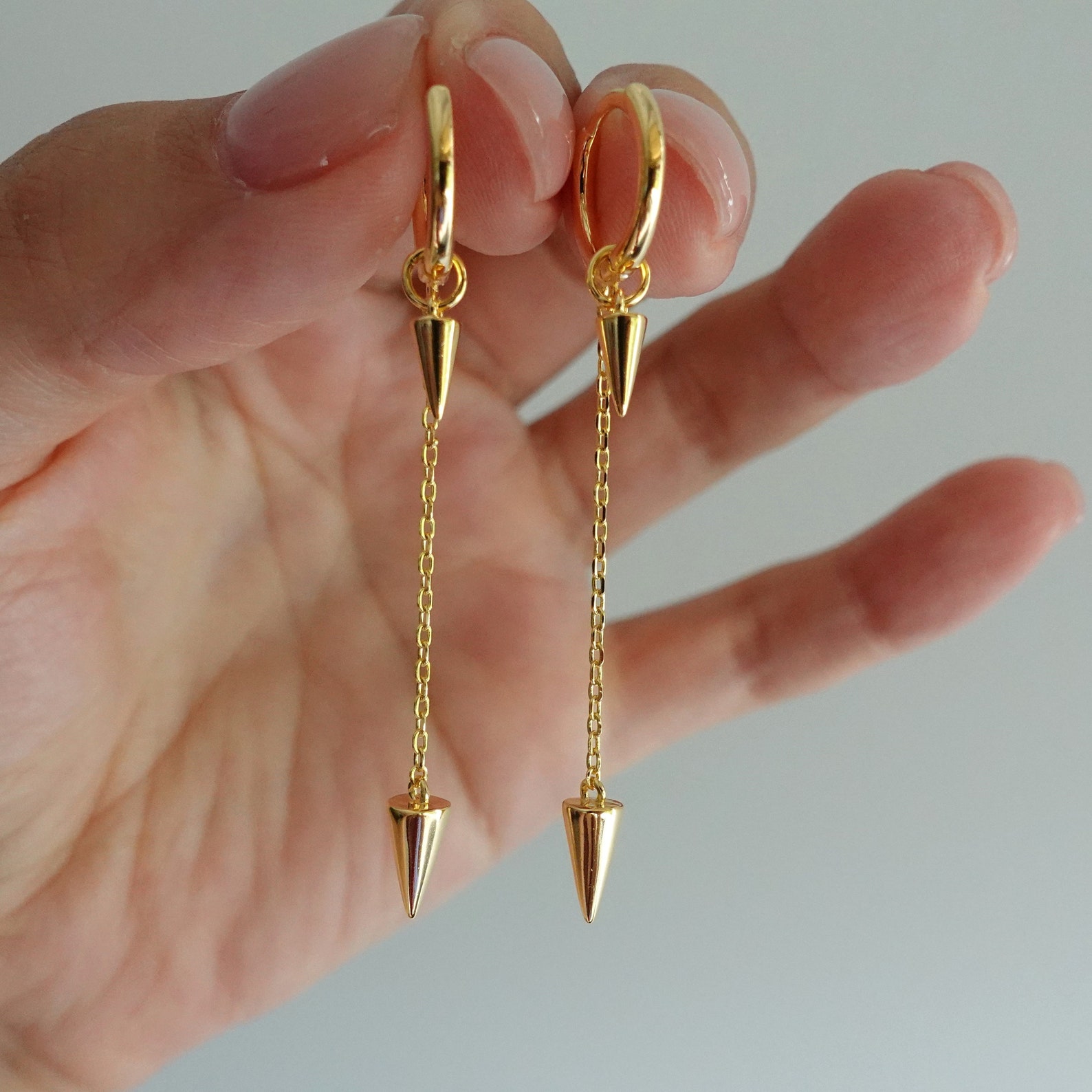 Spike Dangle Huggie Earring, Chain Spike Earring, Spiky Minimalist Hoop ...