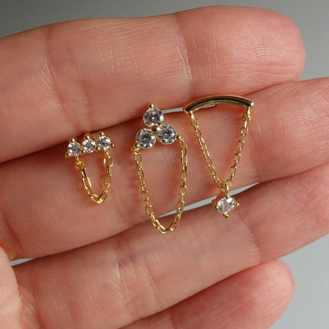 Minimalist Cz Chain Stud Earring,chain Earring Dangle Earring ,push in ...