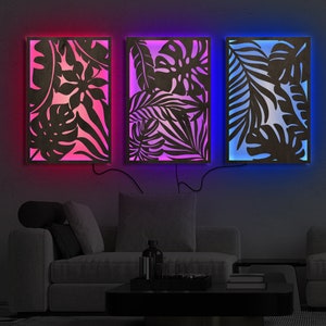 Jungle Wood Wall Art Led, Leaves Wall Decor Lighted,wall Art Panels,led ...