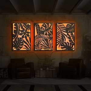 Jungle Wood Wall Art Led, Leaves Wall Decor Lighted,wall Art Panels,led ...
