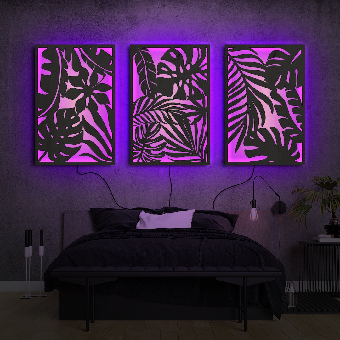 Jungle Wood Wall Art Led, Leaves Wall Decor Lighted,wall Art Panels,led ...