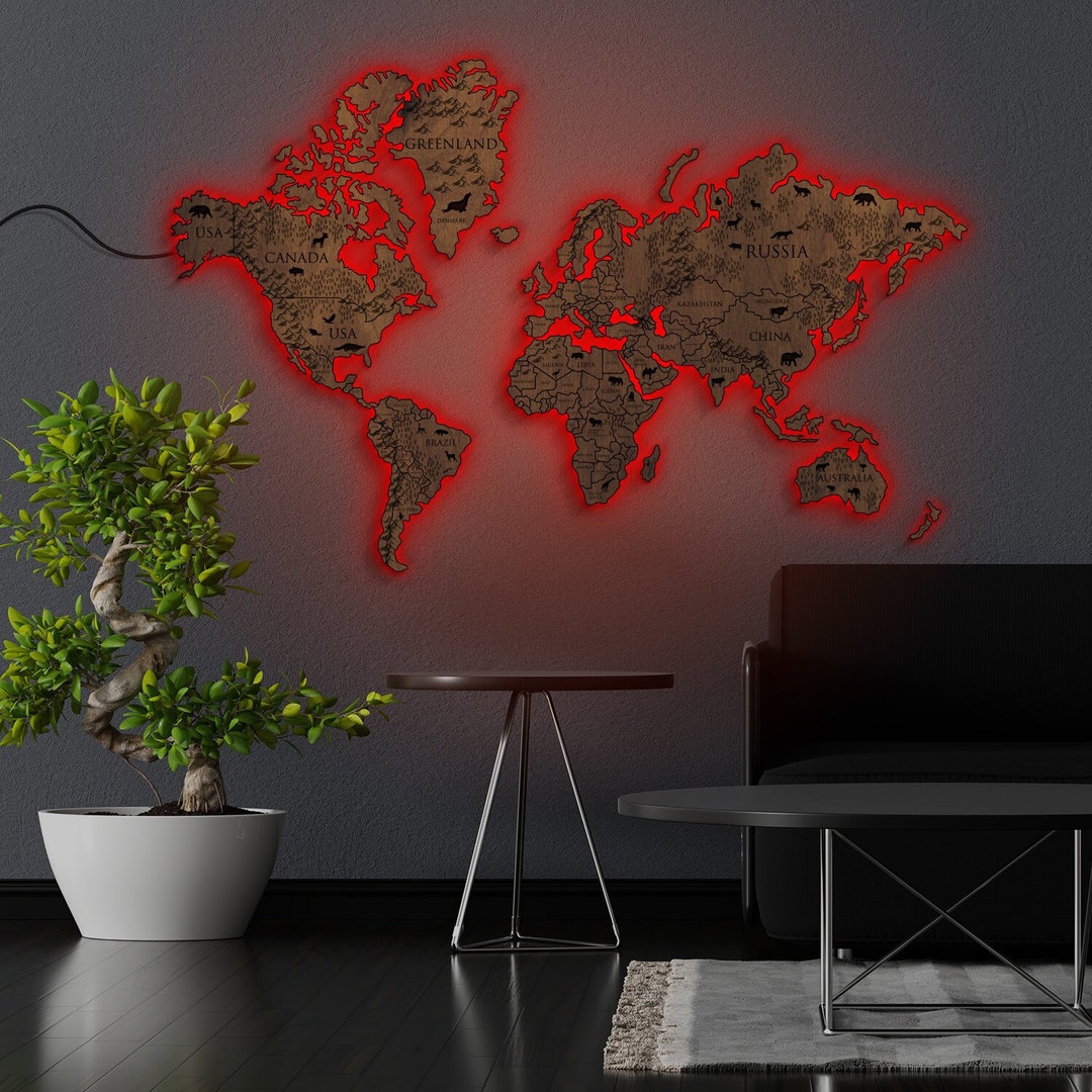 World Map Led World Map Wood Wall Art Led Cork World Map - Etsy