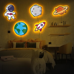 Space Themed Led Wall Art, Wooden Spaceship Wall Art, Astronaut Night ...