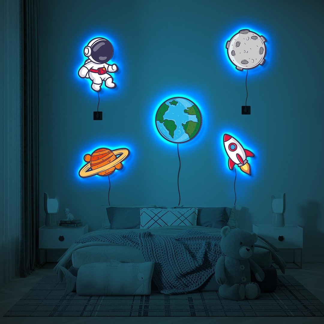 Space Themed Led Wall Art, Wooden Spaceship Wall Decor, Astronaut Night ...