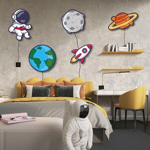 Space Themed Led Wall Art, Wooden Spaceship Wall Decor, Astronaut Night ...