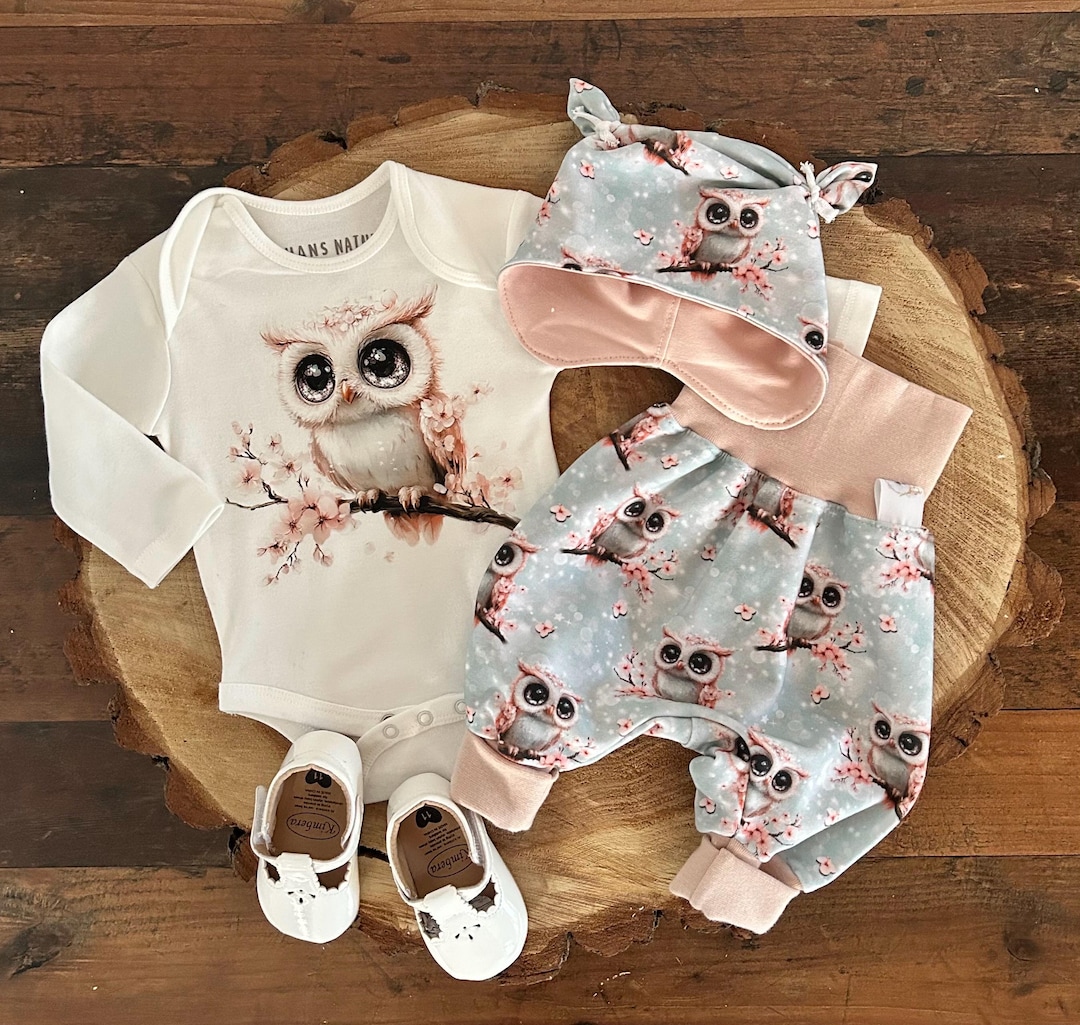 Baby Outfit Girl Newborn With Owl Design Body Pants Hat Set Handmade ...