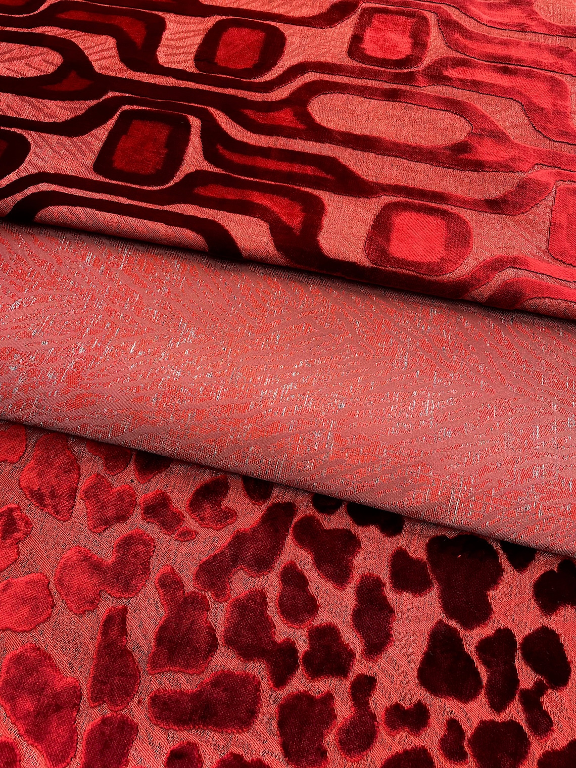 Red Leopard Cut Velvet Upholstery Fabric, Red Cheetah Velvet, Fabric by ...